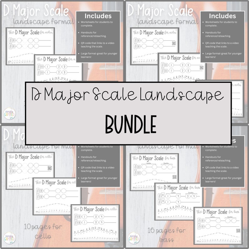 D Major Scale Worksheets Bundle (one Octave-landscape)| Violin, Viola ...