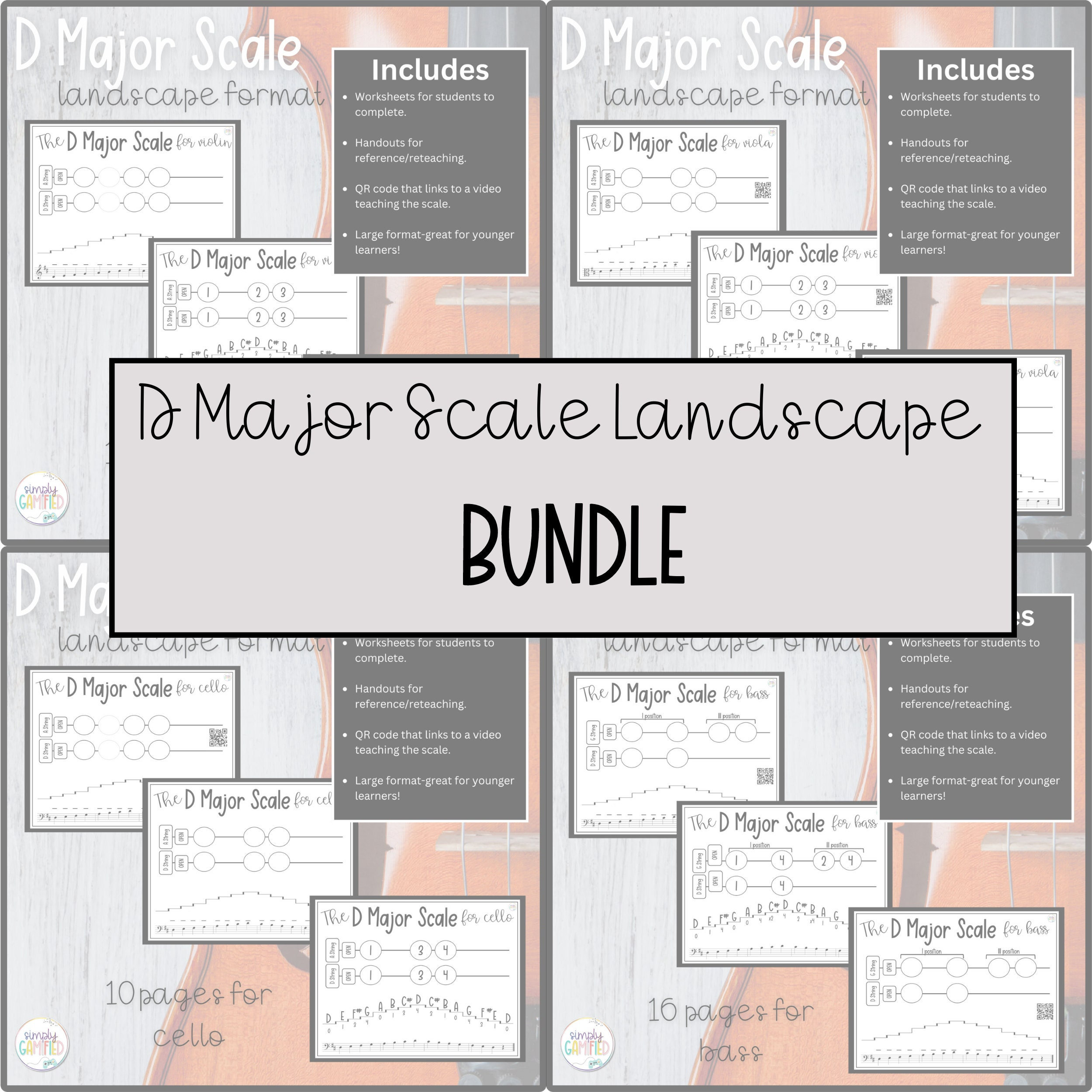 D Major Scale Worksheets Bundle (one Octave-landscape)| Violin, Viola ...