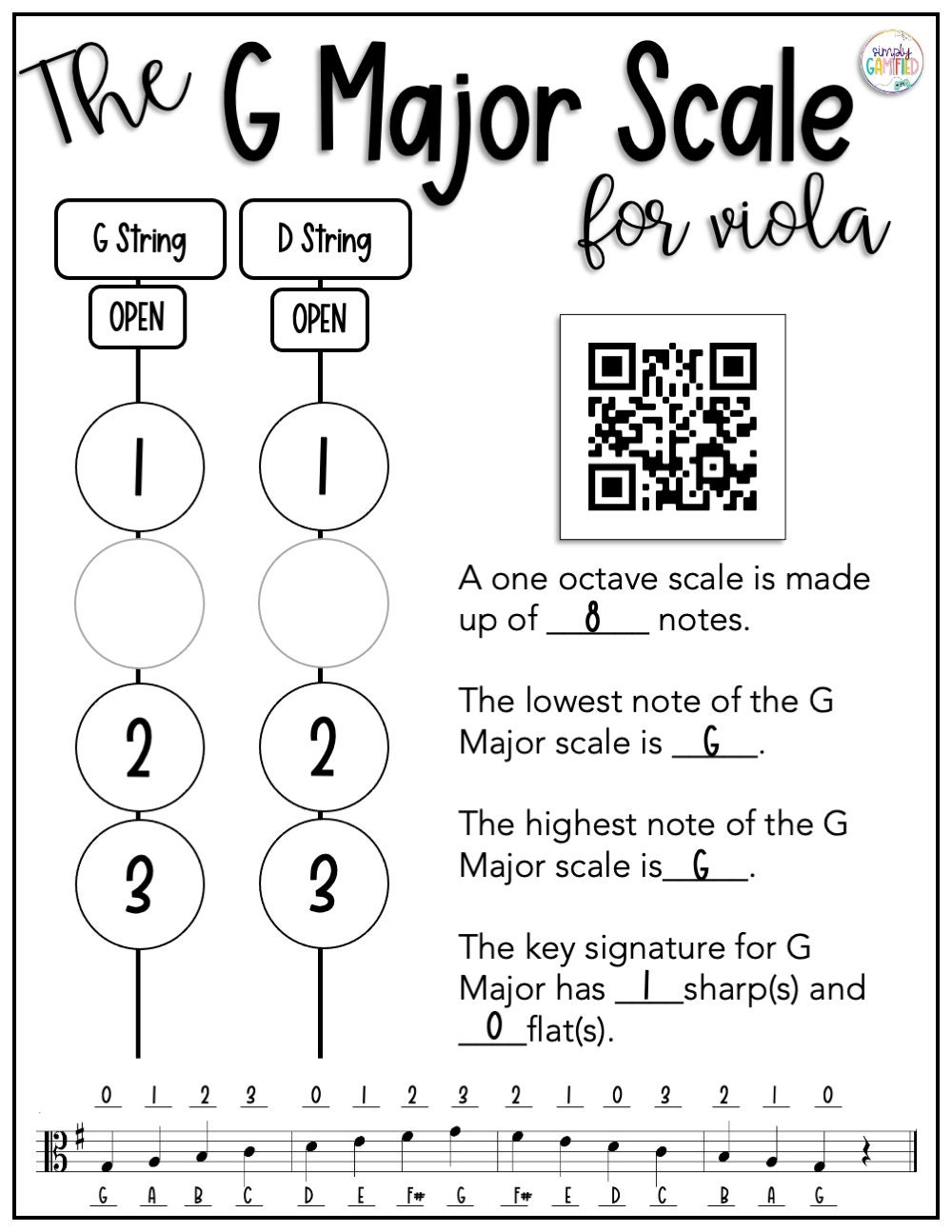 G Major Scale Worksheets one Octave-portrait for Violin, Viola, Cello ...