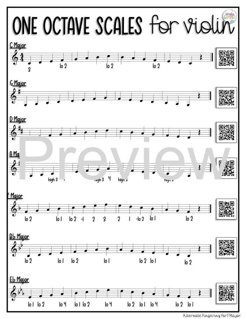 One Octave Scale Sheets for Violin, Viola, Cello and Bassstrings ...