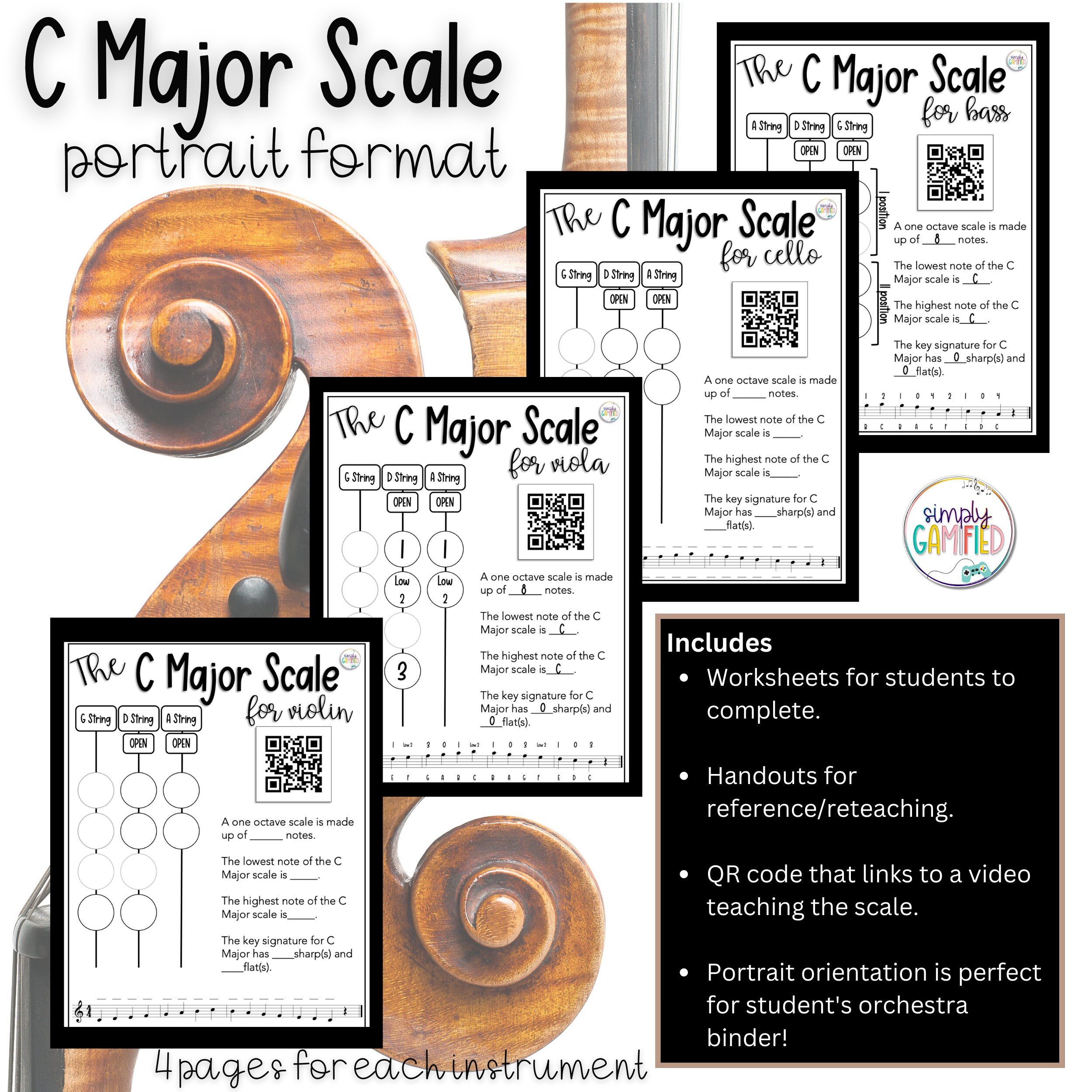 C Major Scale Worksheets (one Octave-portrait) | Violin, Viola, Cello ...