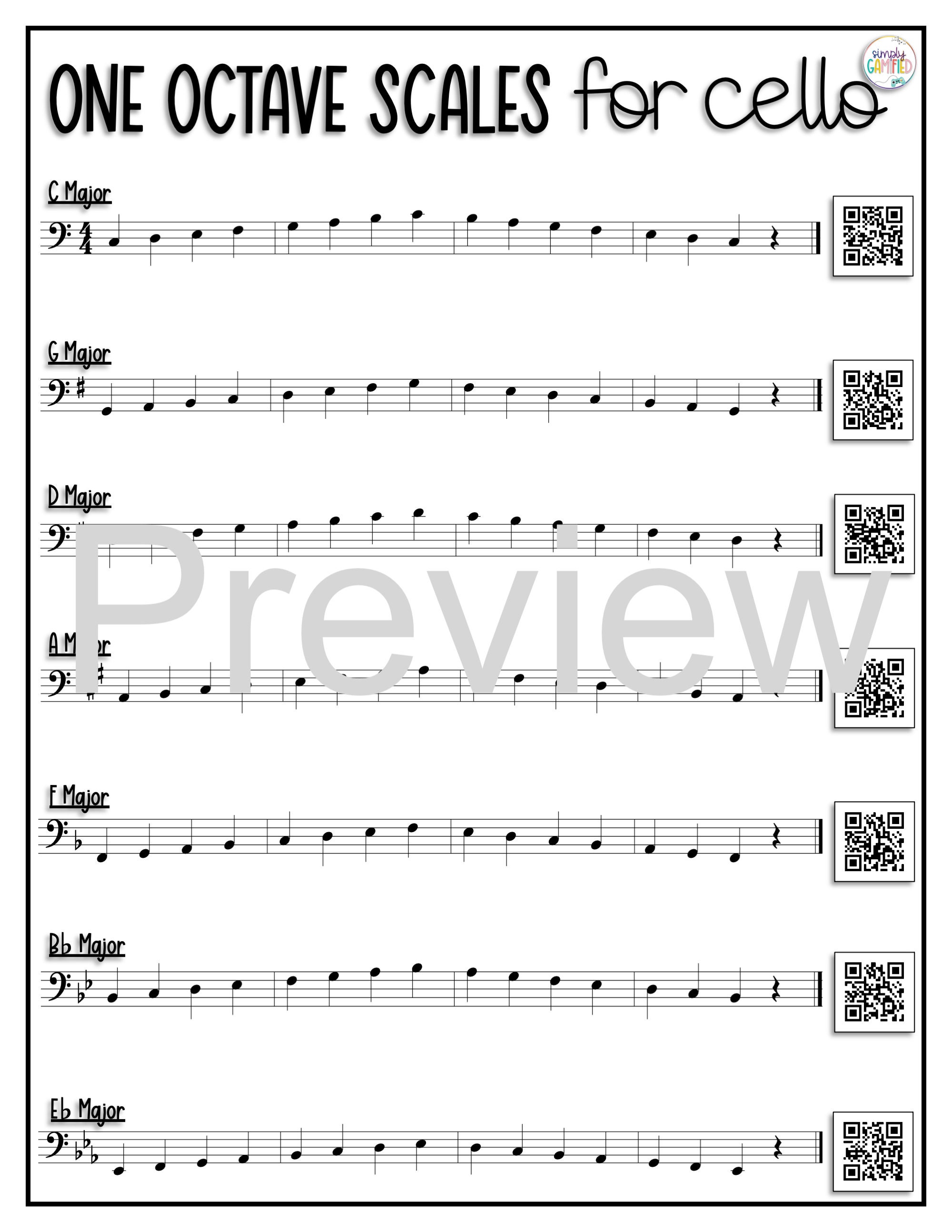One Octave Scale Sheets for Violin, Viola, Cello and Bassstrings ...
