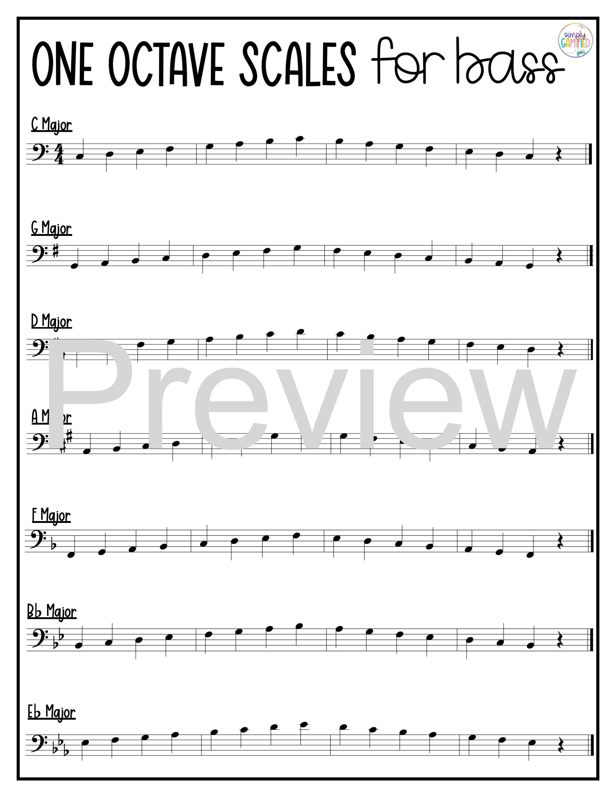 One Octave Scale Sheets for Violin, Viola, Cello and Bassstrings ...