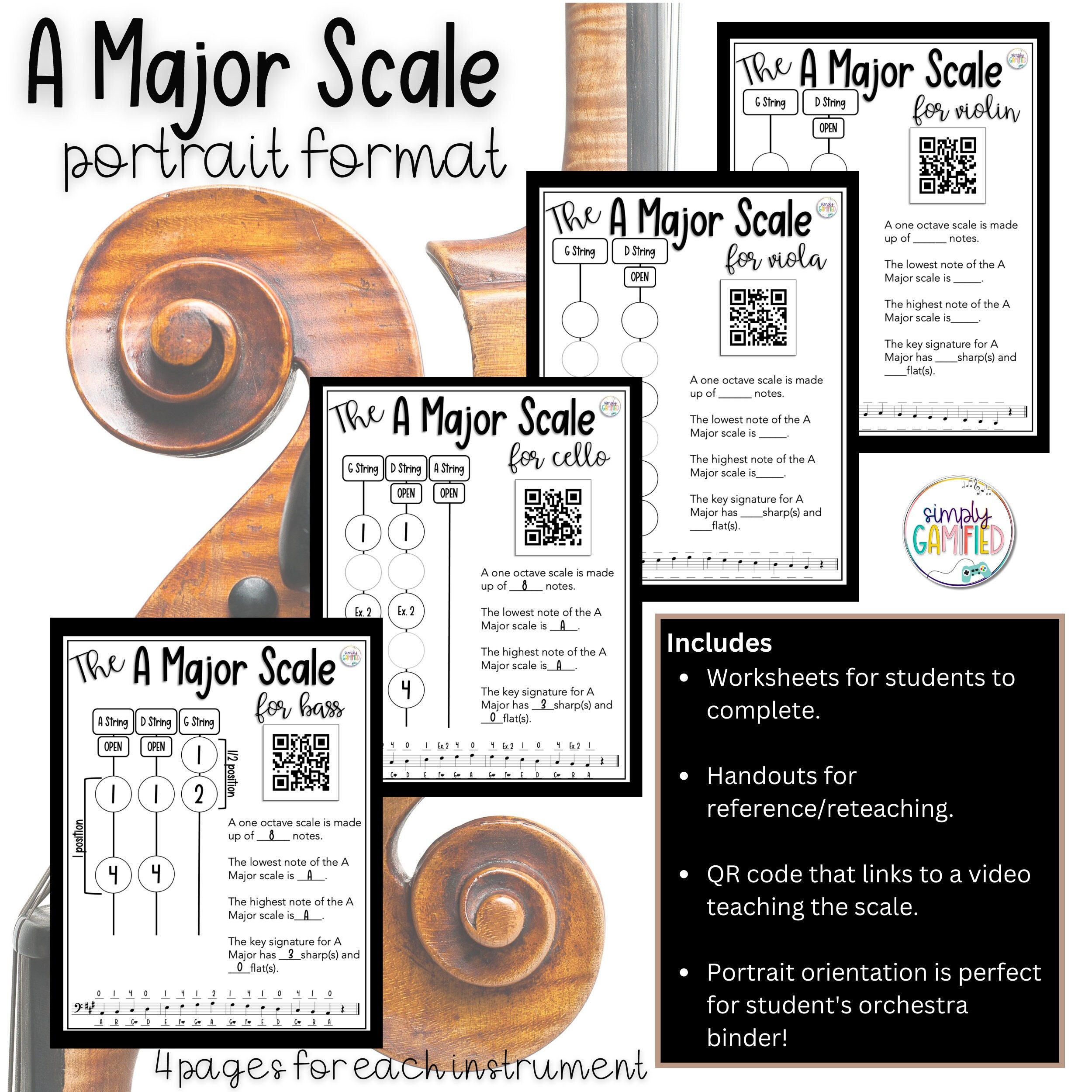 A Major Scale Worksheets (one Octave-portrait) | Violin, Viola, Cello ...