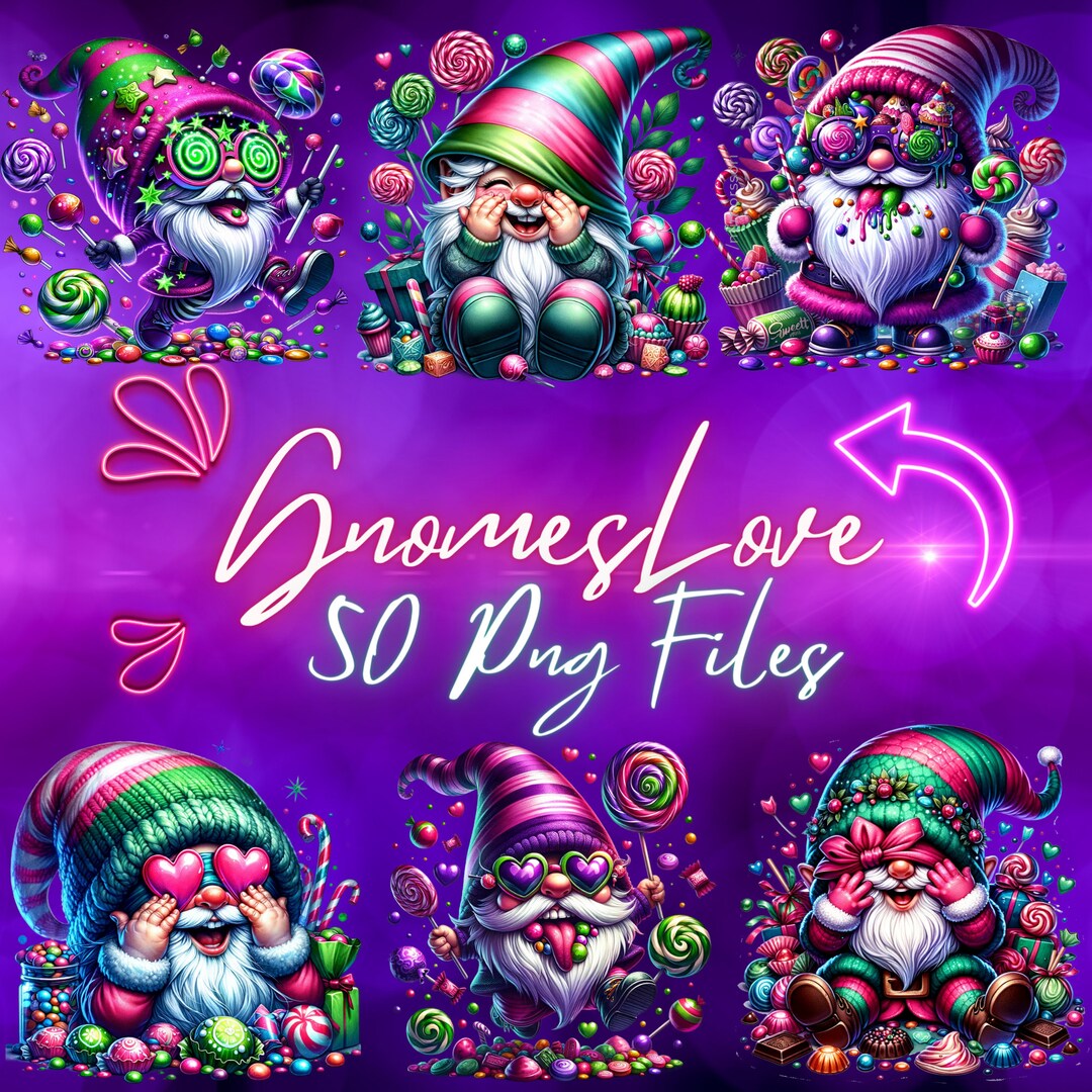 Valentine Gnomes Neon PNG, Vibrant Sublimation Gnomes Clipart, Digital ...