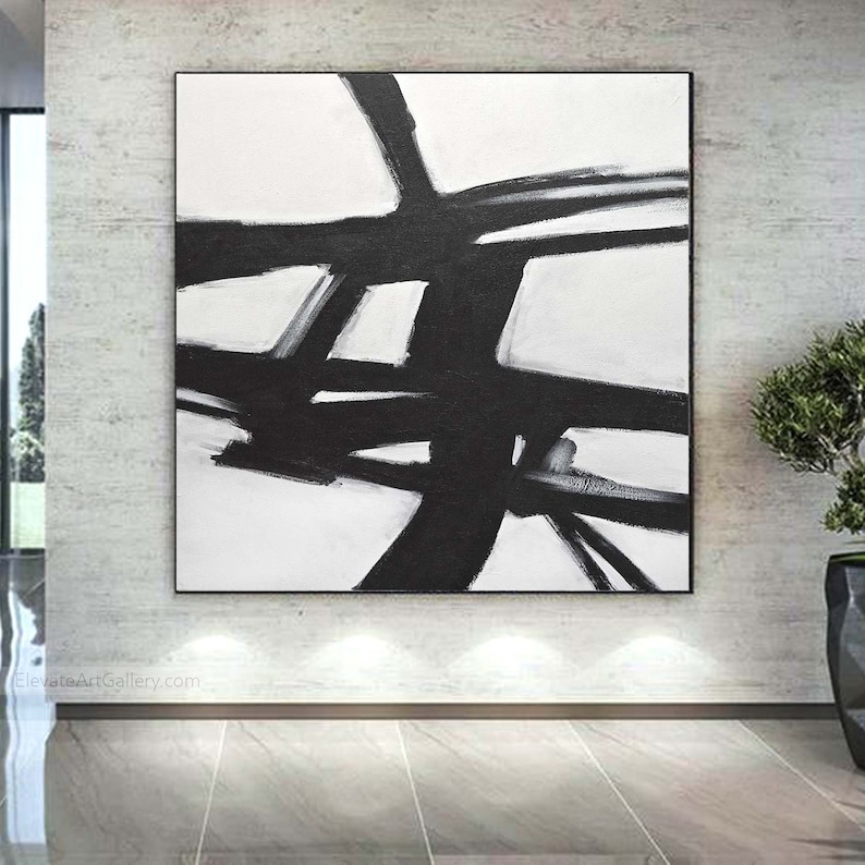 Monochrome Large Painting, Black and White Abstract Art on Canvas ...