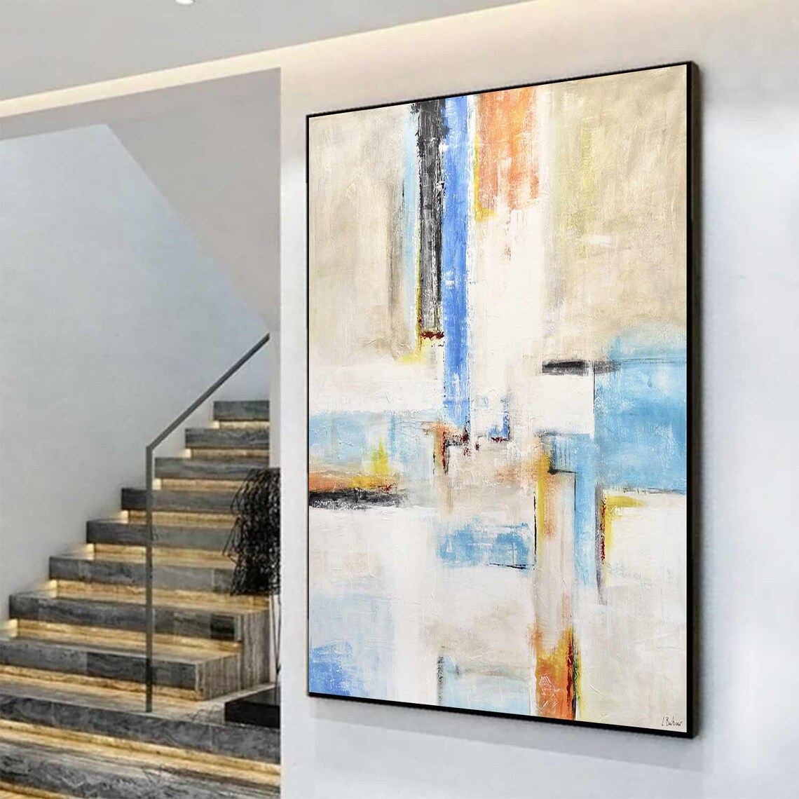 Large Abstract Painting, Geometric Color Blocks Wall Decor, Original ...