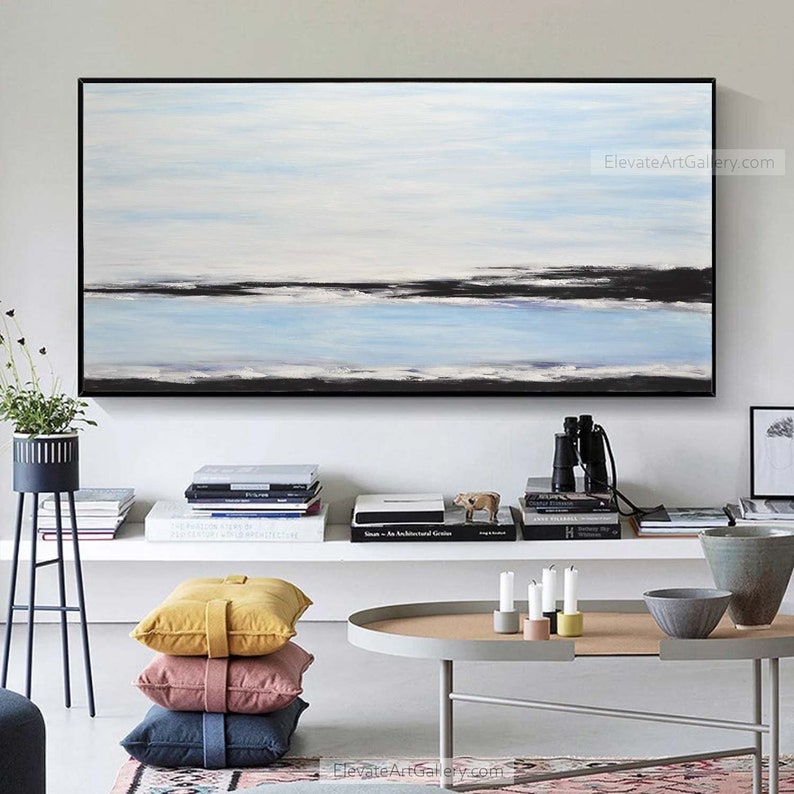 Blue White Seascape Wall Art, Horizontal Painting Handmade in U.S.A ...