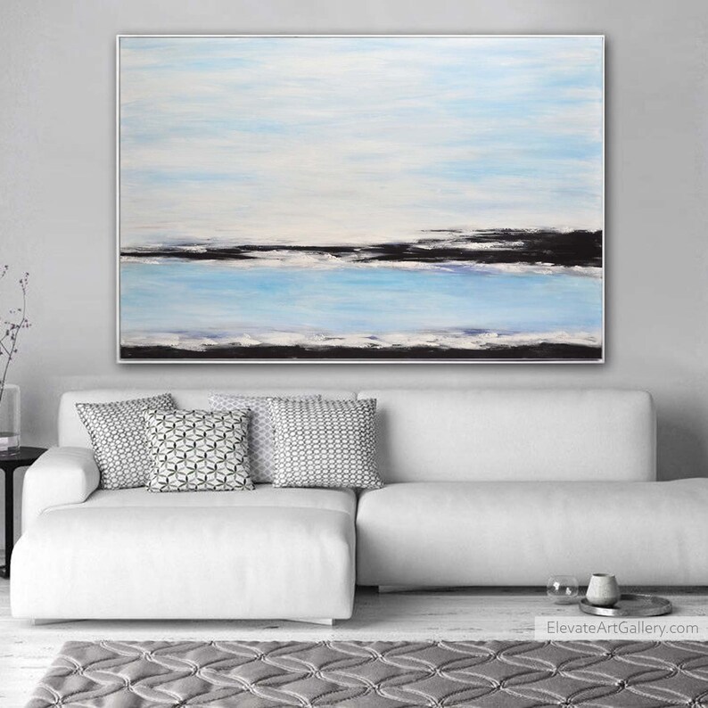 Blue White Seascape Wall Art, Horizontal Painting Handmade in U.S.A ...