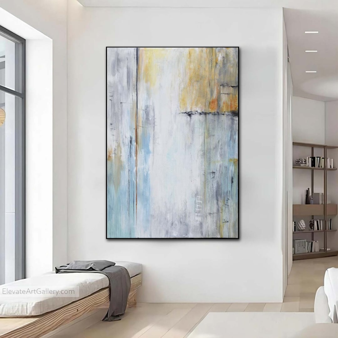 Abstract Painting, Blue White Sienna, Vertical Modern Artwork, Large ...