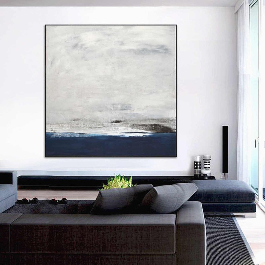 Blue Gray Seascape Coastal Waves Painting, Minimalist Wall Art High End ...