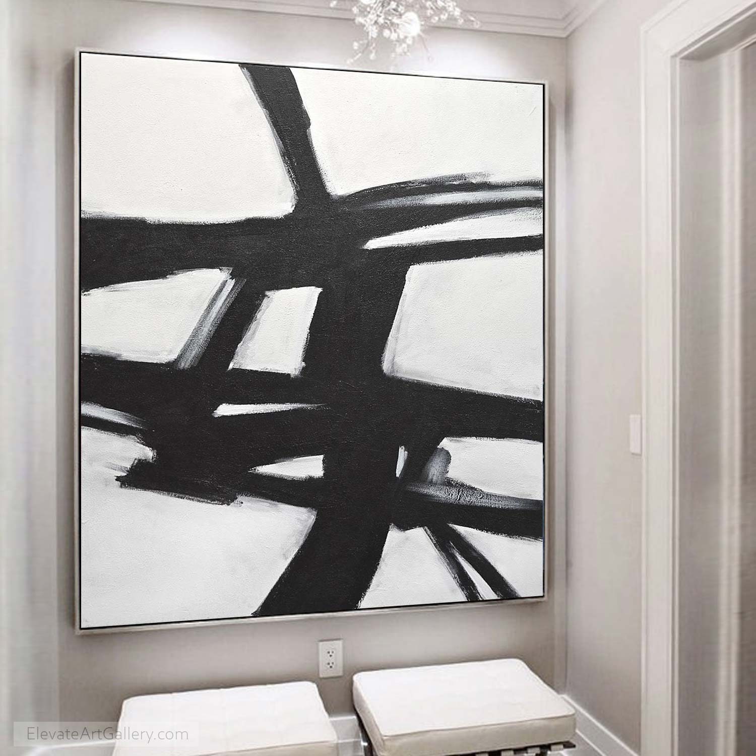Monochrome Large Painting, Black and White Abstract Art on Canvas ...