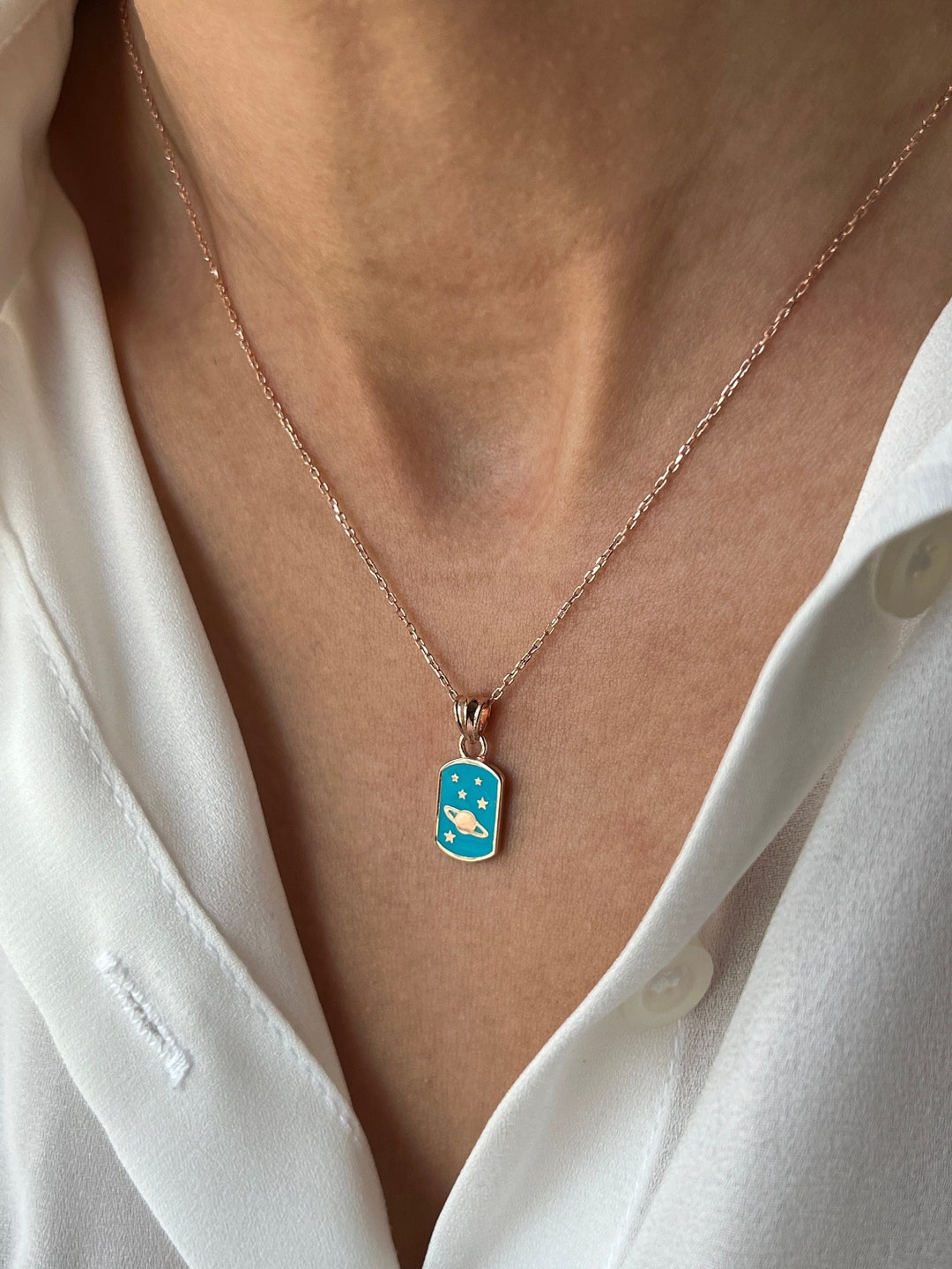 Planet Necklace • 14K Gold Plated • 925K Sterling Silver • Saturn ...