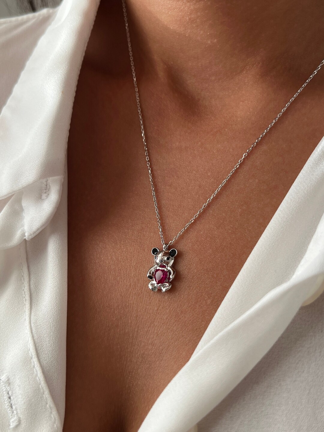 Teddy Bear Necklace: 14K Gold Plated Sterling Silver, Red Heart Pendant ...