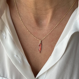 Red Feather Necklace • 14K Gold Plated • 925K Sterling Silver • Red ...