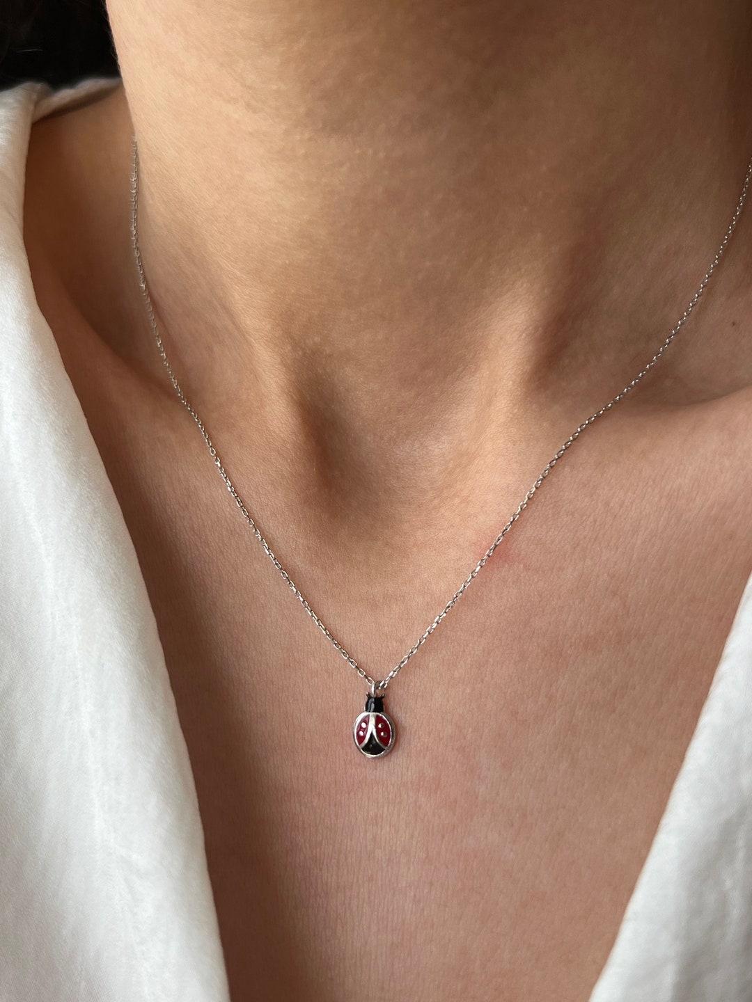 Ladybug Pendant Necklace: 14K Gold Plated Sterling Silver, Enamel Luck ...