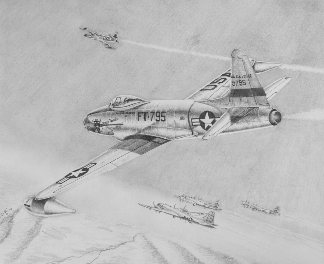 USAF F-80 jet Escort Original Pencil Drawing - Etsy