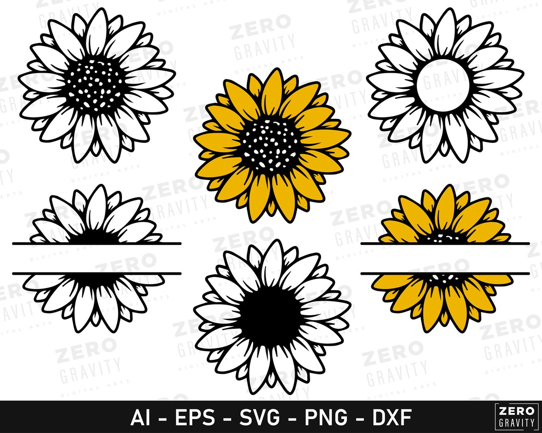 Sunflower Svg Bundle, Split Sunflower Svg, Digital Download Sunflower ...
