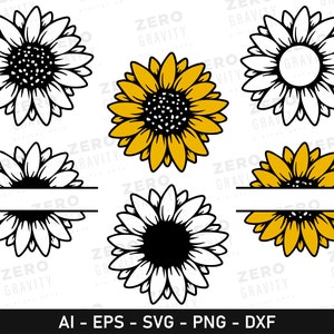 Sunflower Svg Bundle, Split Sunflower Svg, Digital Download Sunflower ...