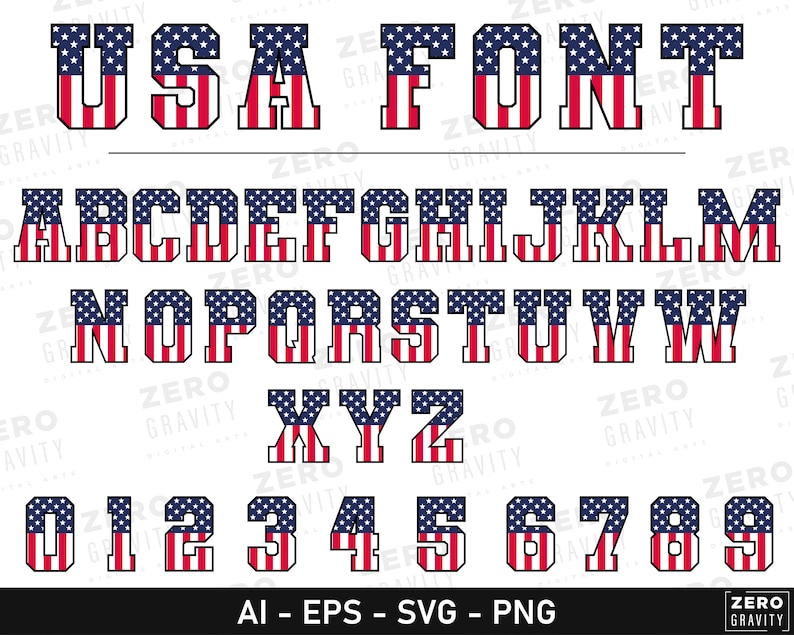 Usa Flag Font Svg Bundle, Digital Varsity Font With American Flag ...