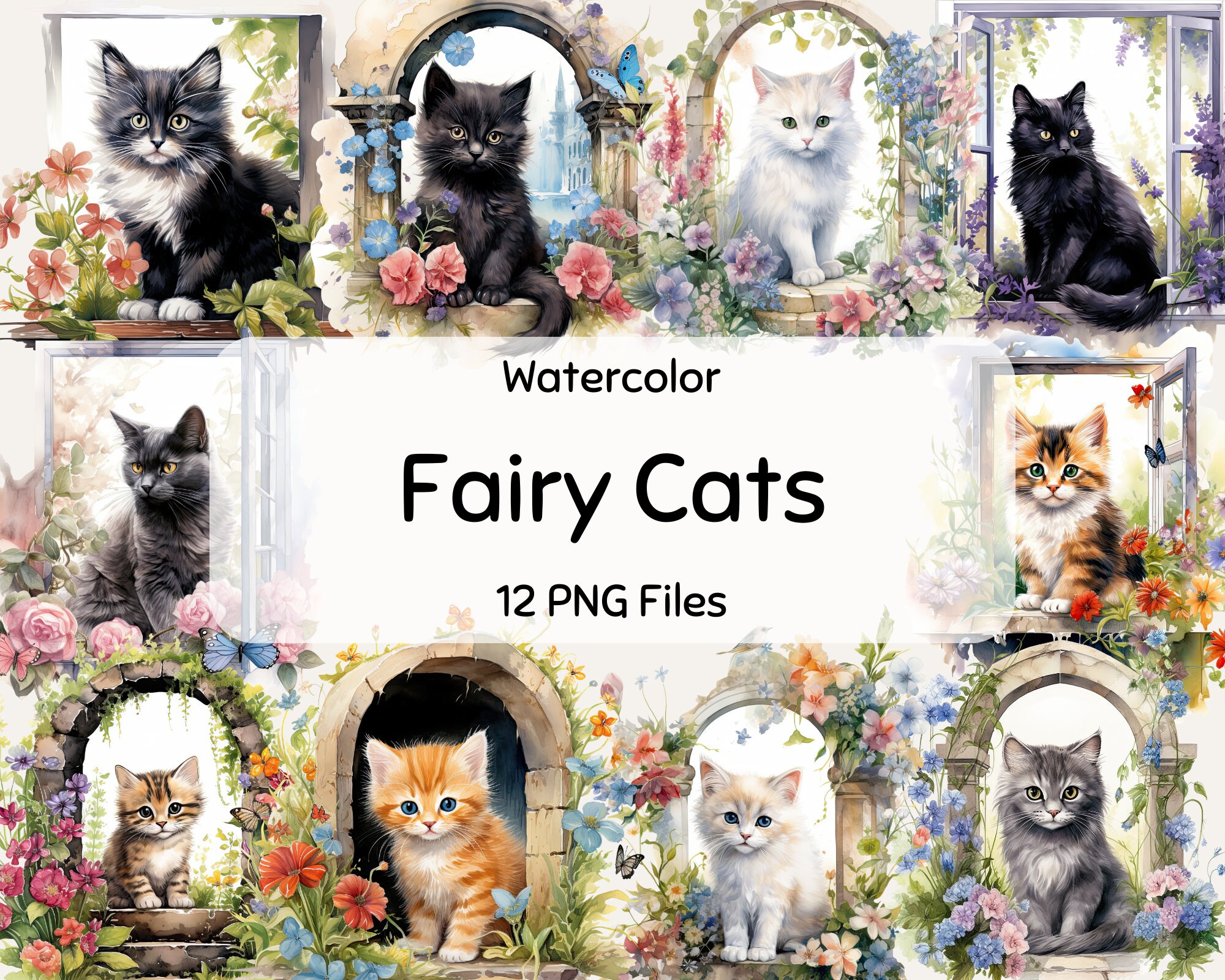 Fairy Cats Watercolor Clipart Kittens Flowers Clipart Bundle - Etsy