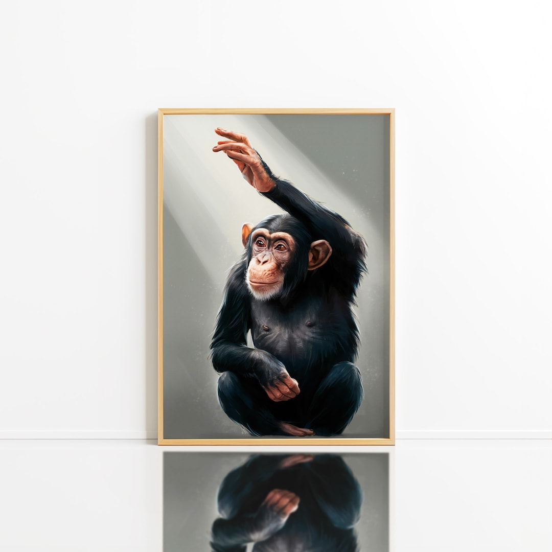 Realistic Chimpanzee Art Print, Detailed Wildlife Illustration, Modern ...