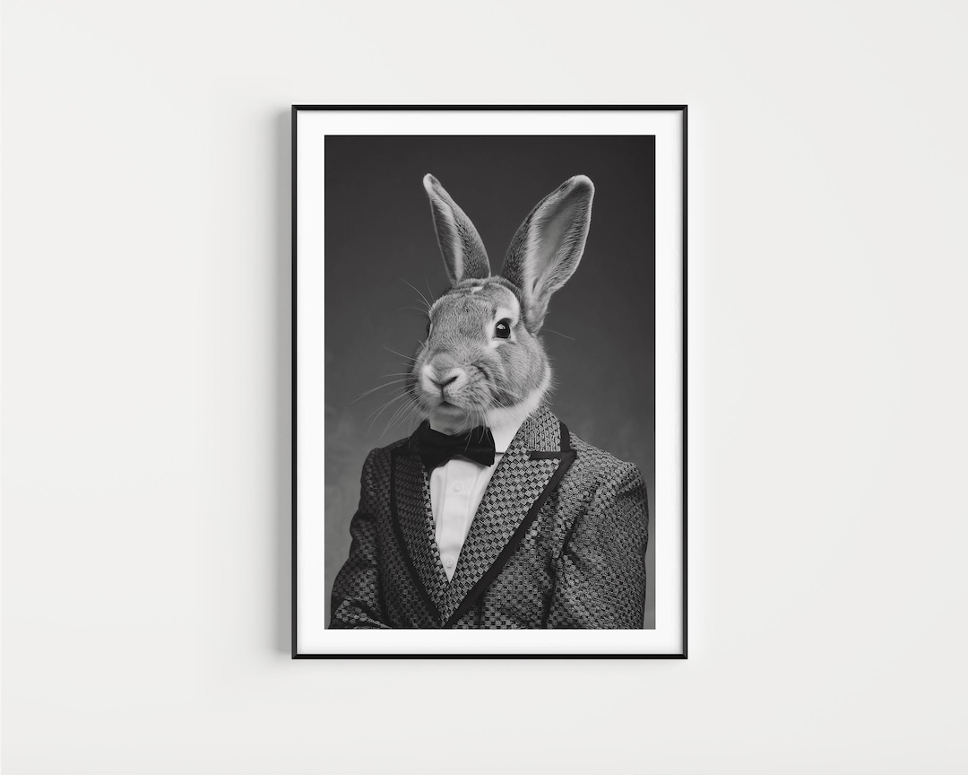Classy Rabbit in Suit Poster, Black and White Animal Portrait, Quirky ...