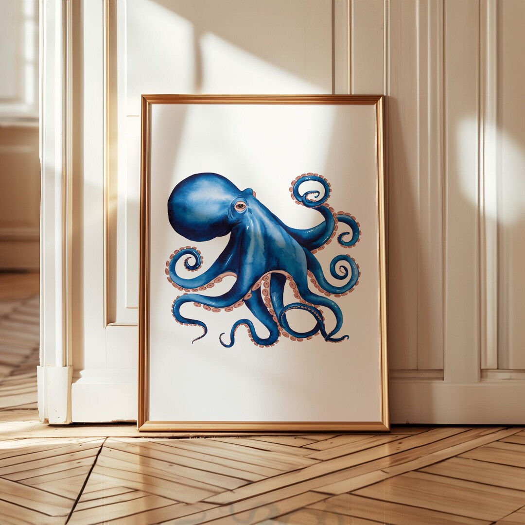 Blue Octopus Art Print Nautical Ocean Wall Decor, Marine Life ...