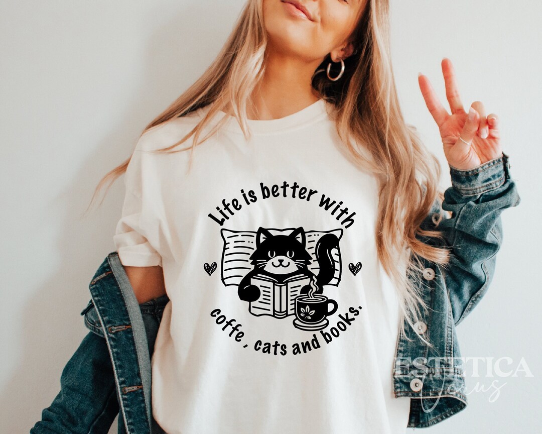 Funny Cat Books Coffee Svg Png Funny Cat Shirt Svg Playful - Etsy