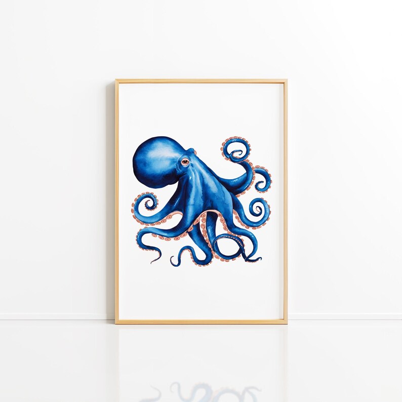 Blue Octopus Art Print Nautical Ocean Wall Decor, Marine Life ...