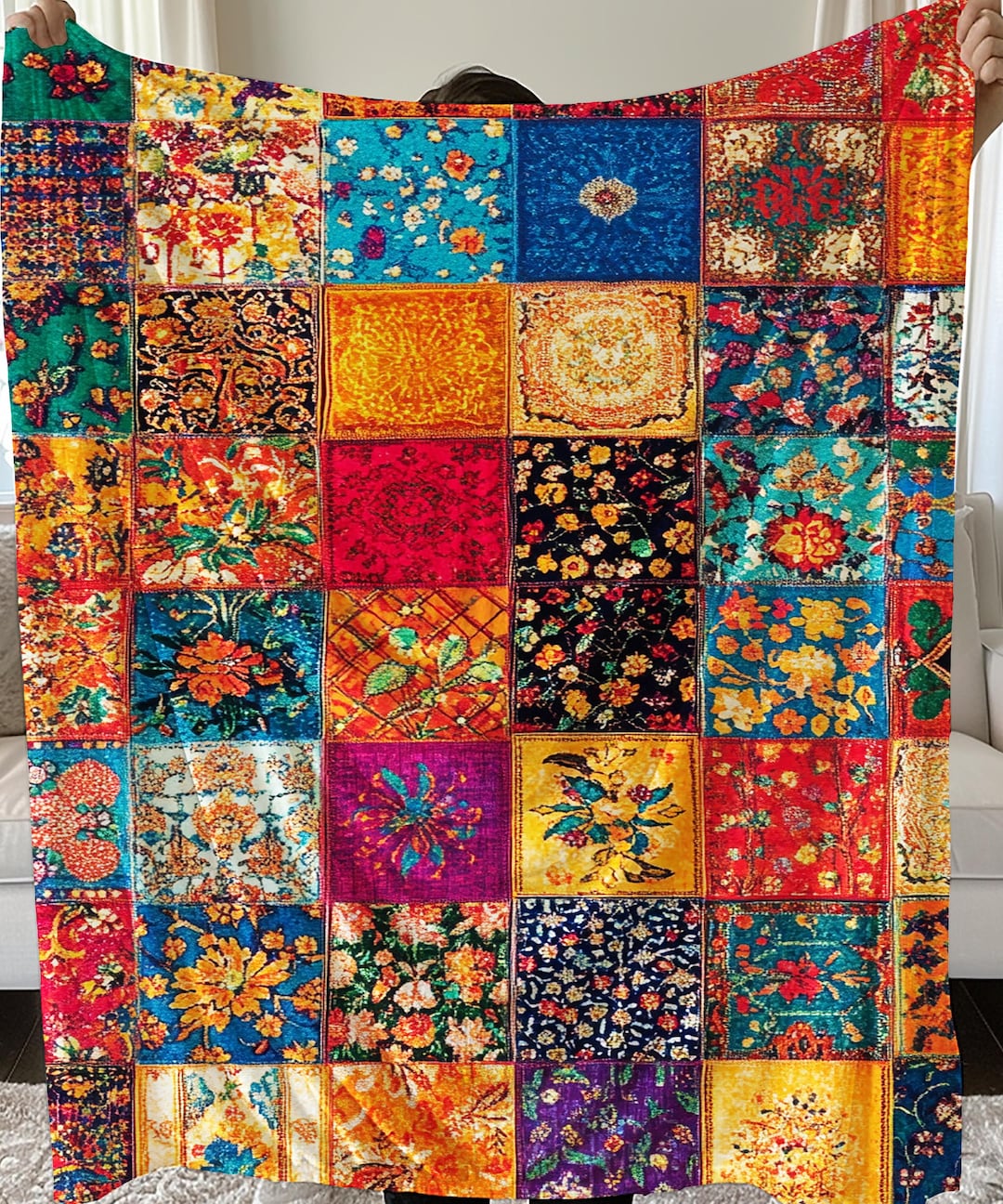 Luxory Traditional Square Patterned Soft Sherpa Blanket, Comfortable ...