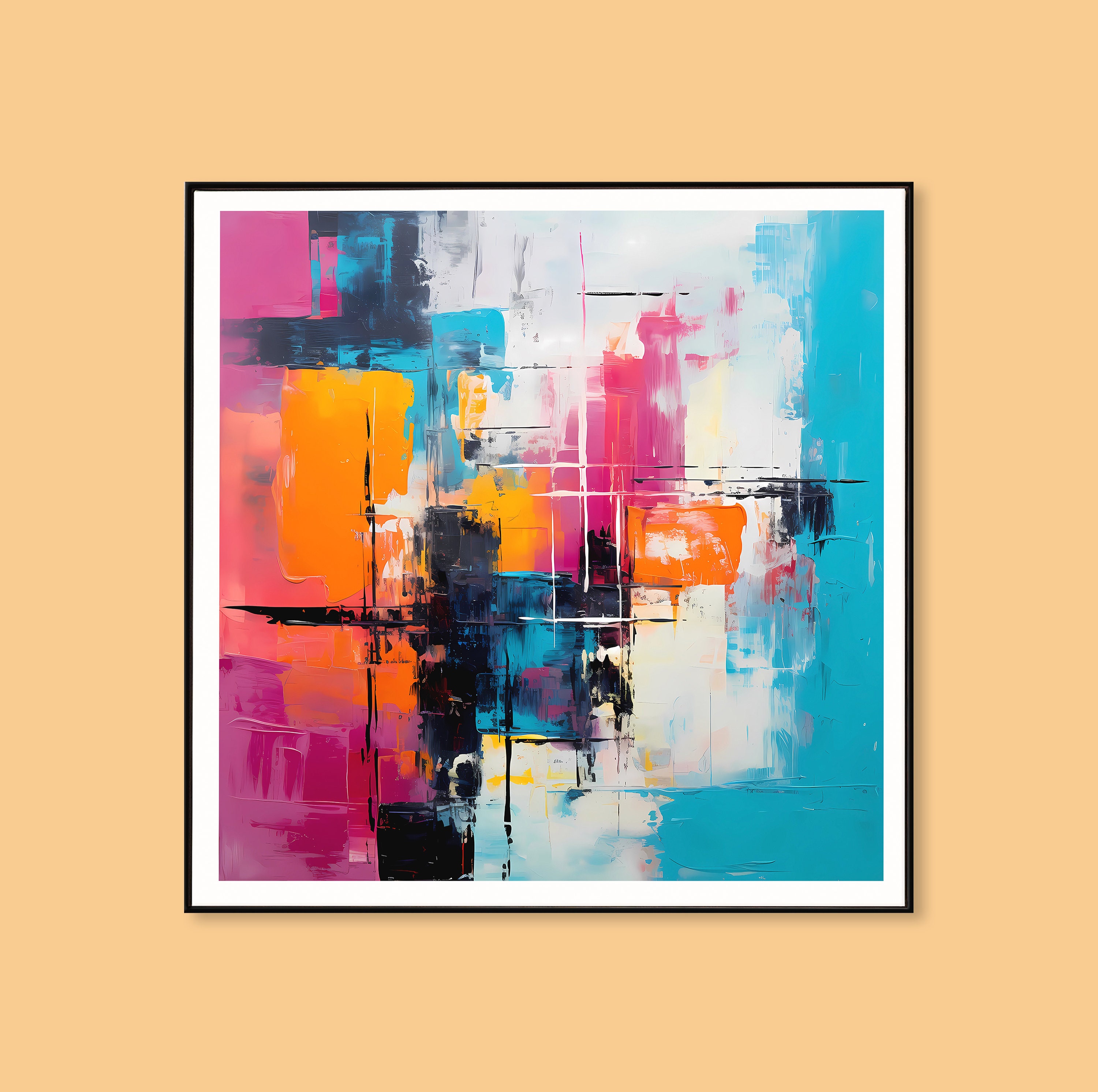 Vibrant Serenity Abstract Block Acrylic Painting in Pink, Blue, Black ...
