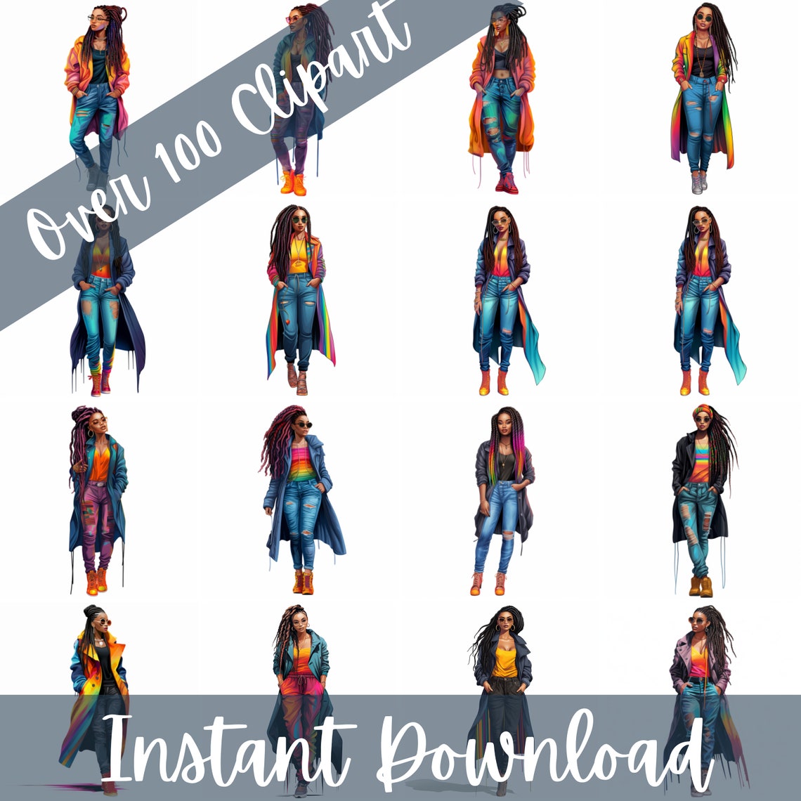 Rainbow Melanin Clipart Black Women Digital Art AI - Etsy