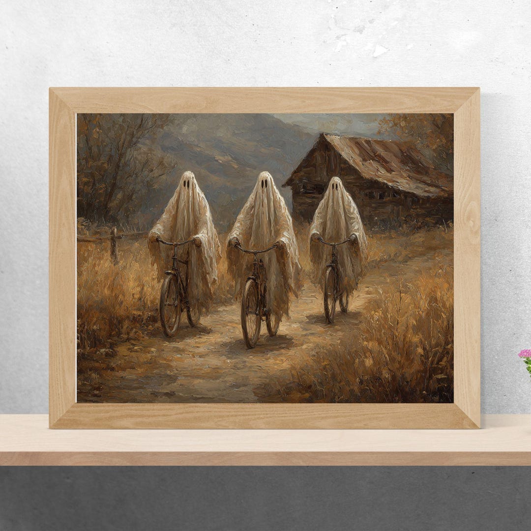Vintage Halloween Poster: Spooky Ghosts on Bicycle, Retro Fall Decor - Etsy