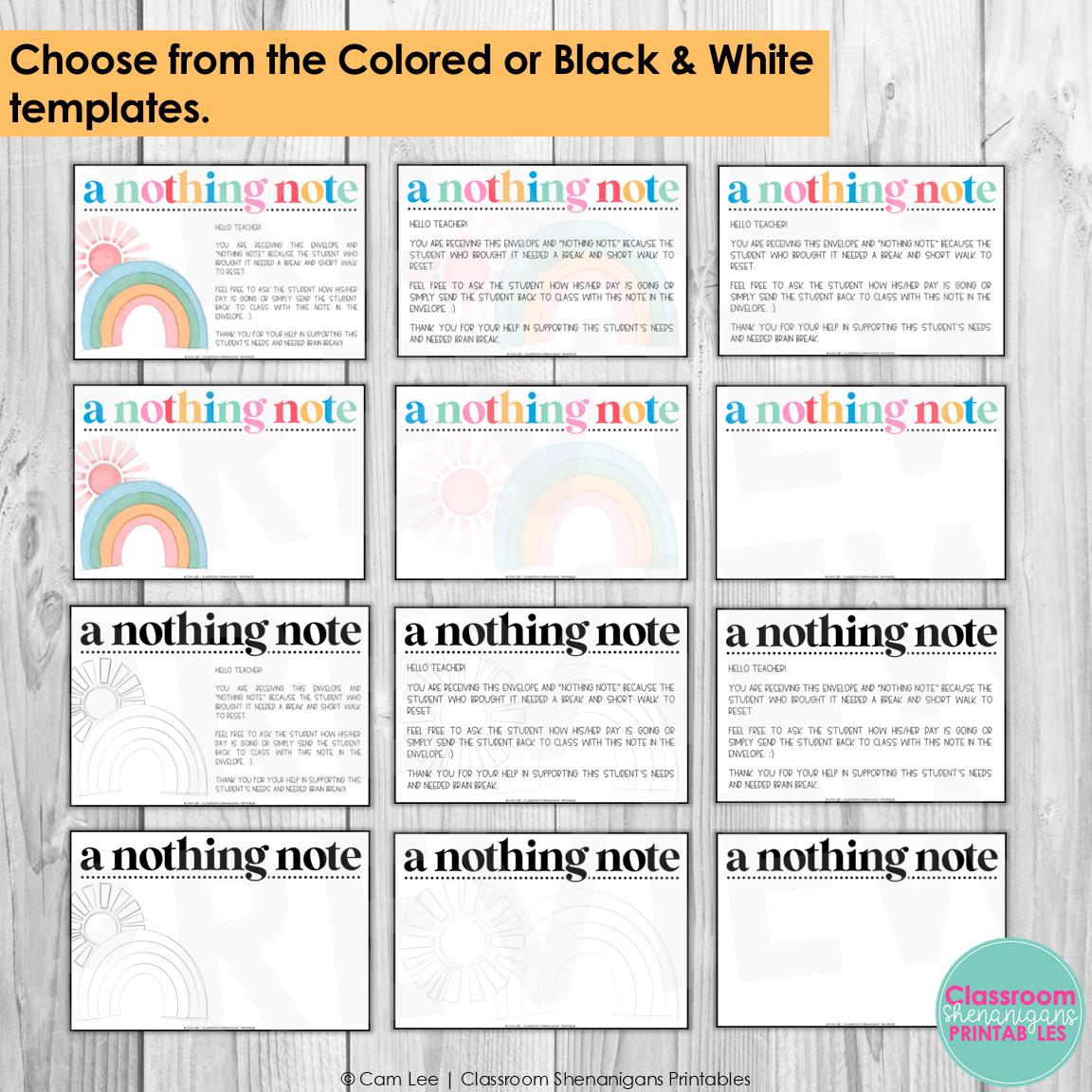 A Nothing Note Printable | Teacher Printable | Classroom Brain Break ...