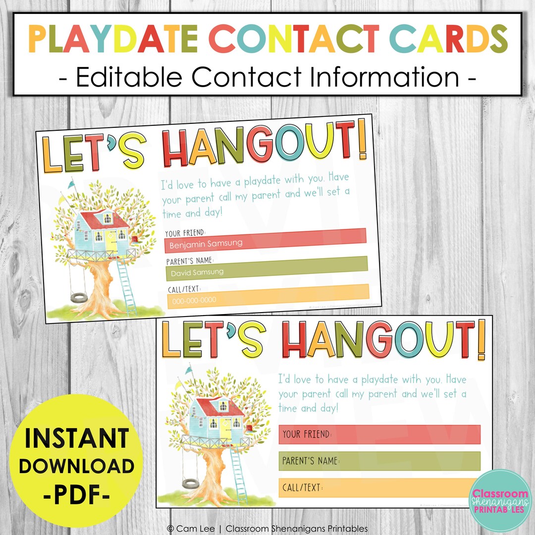 Editable Playdate Contact Cards Template | Kids Contact Card | Summer ...