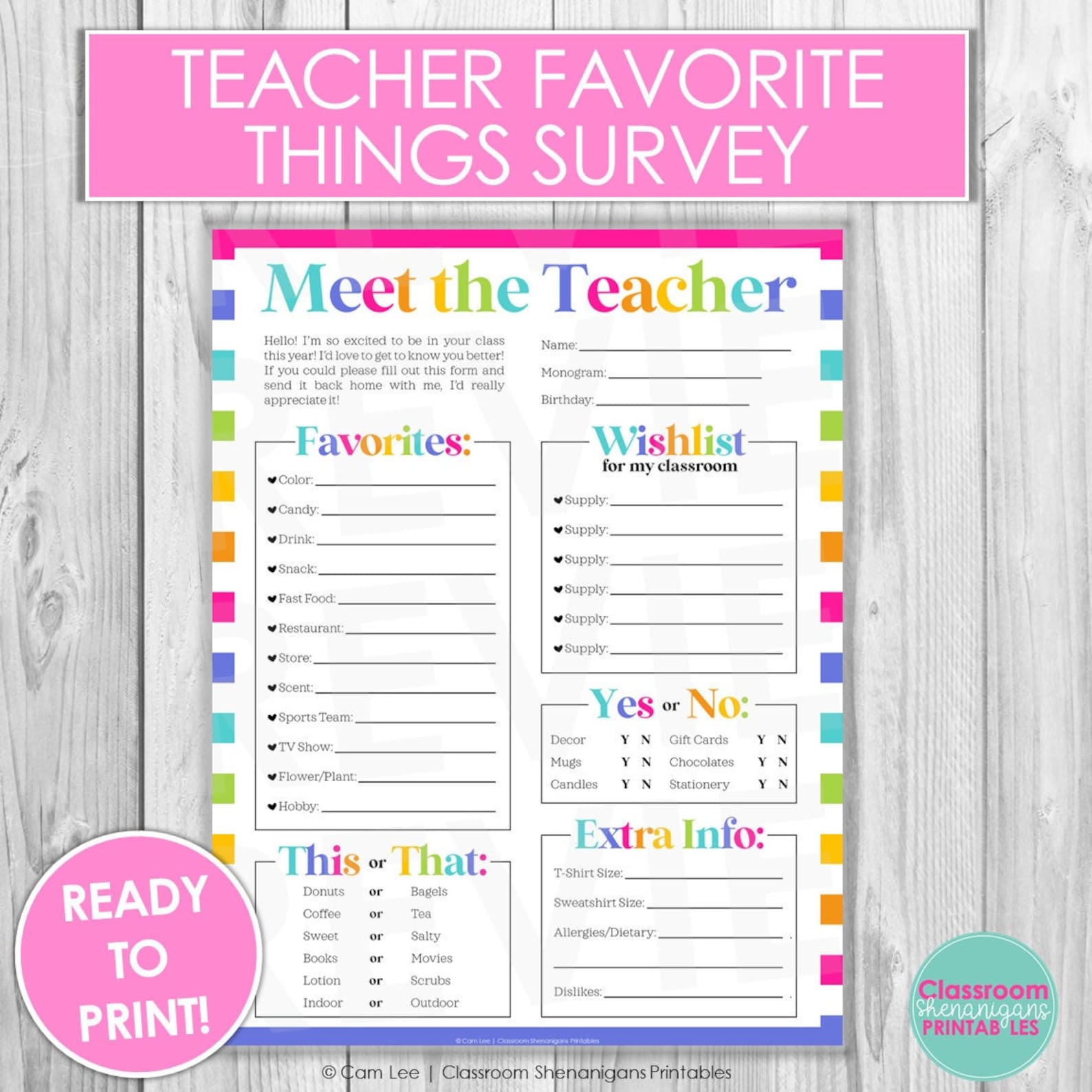 Back to School Teacher Favorite Things Survey | Meet the Teacher ...