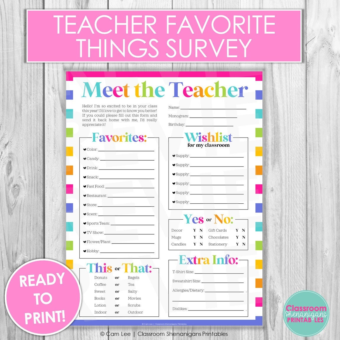 Back to School Teacher Favorite Things Survey | Meet the Teacher ...