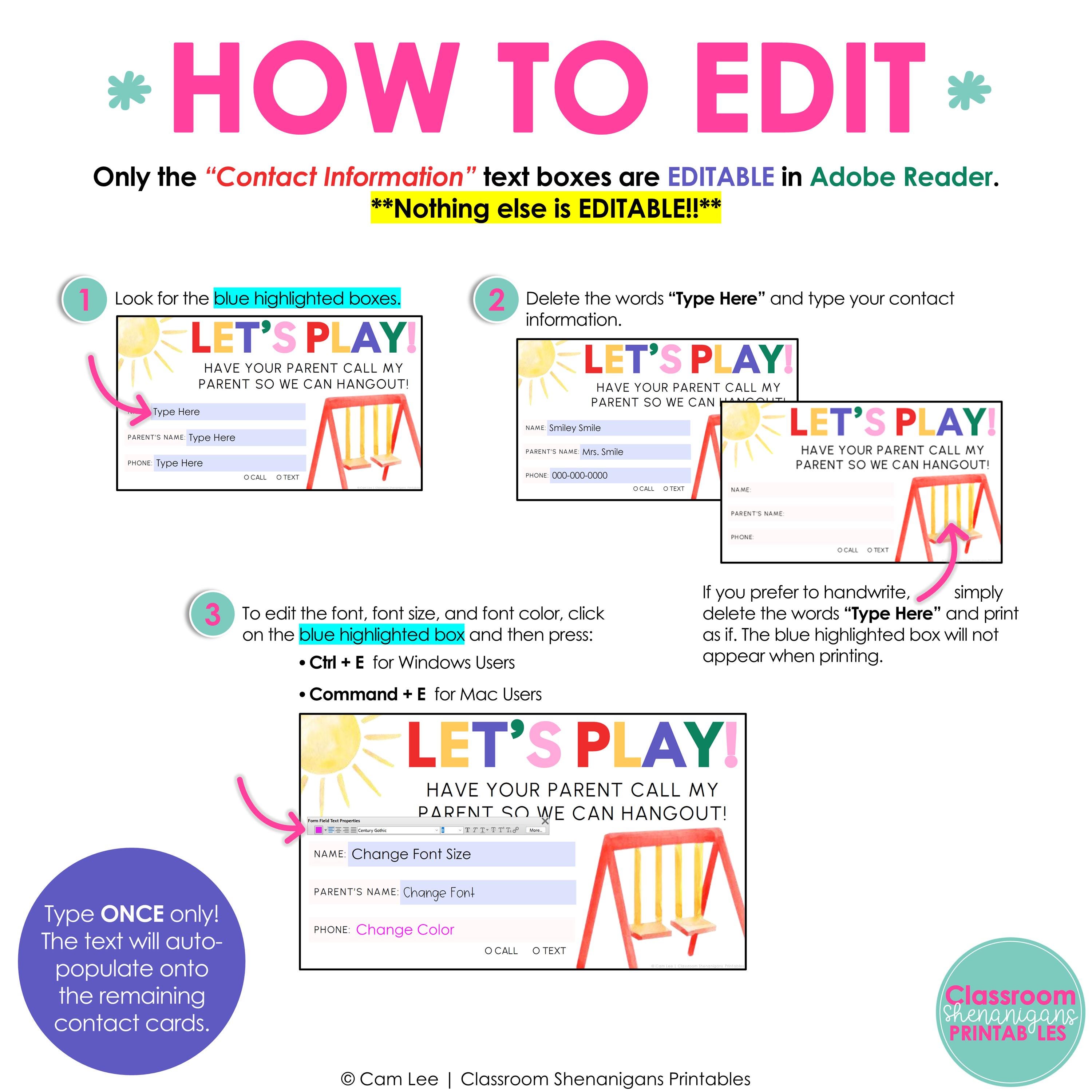 Editable Playdate Contact Cards Template | Kids Contact Card | Summer ...