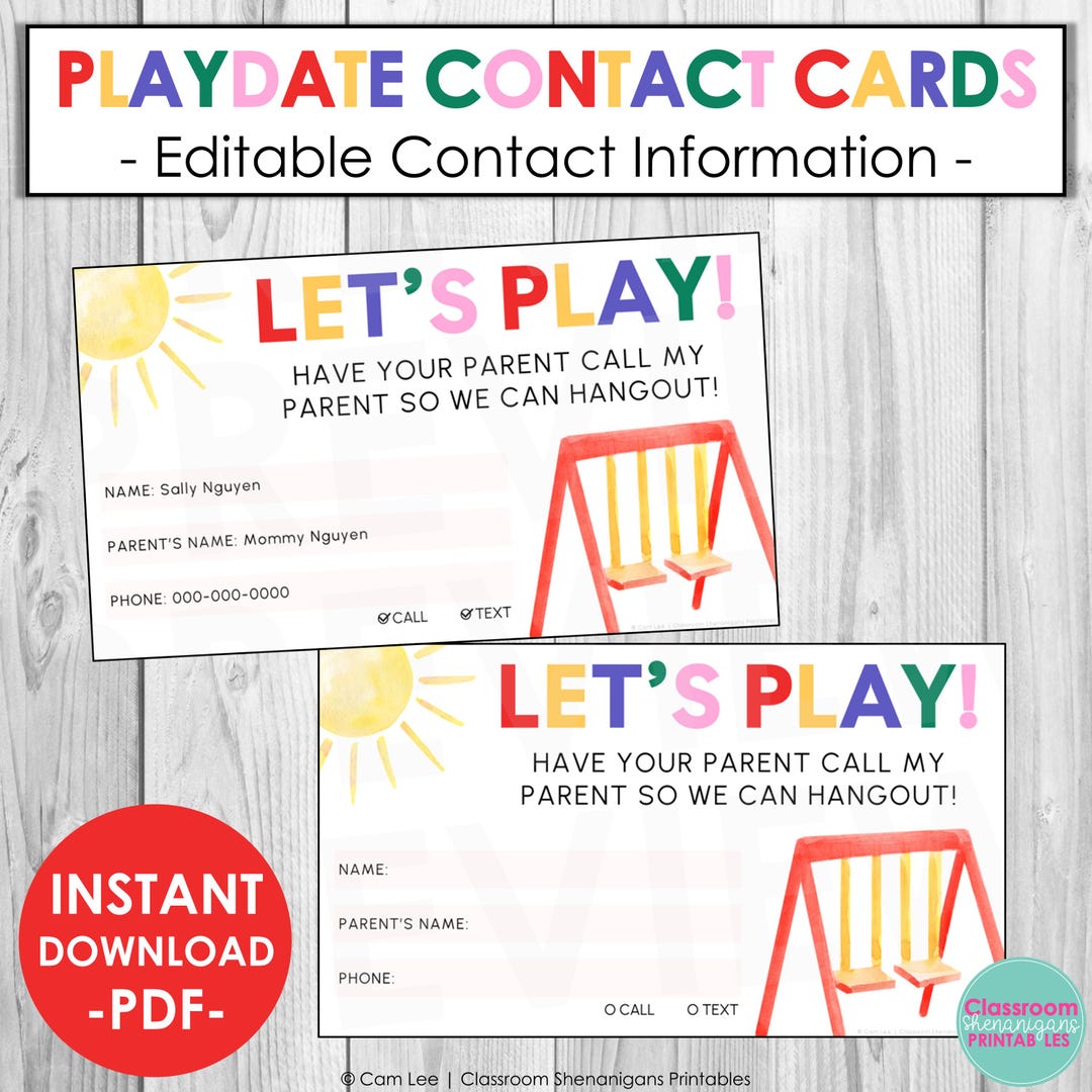 Editable Playdate Contact Cards Template | Kids Contact Card | Summer ...