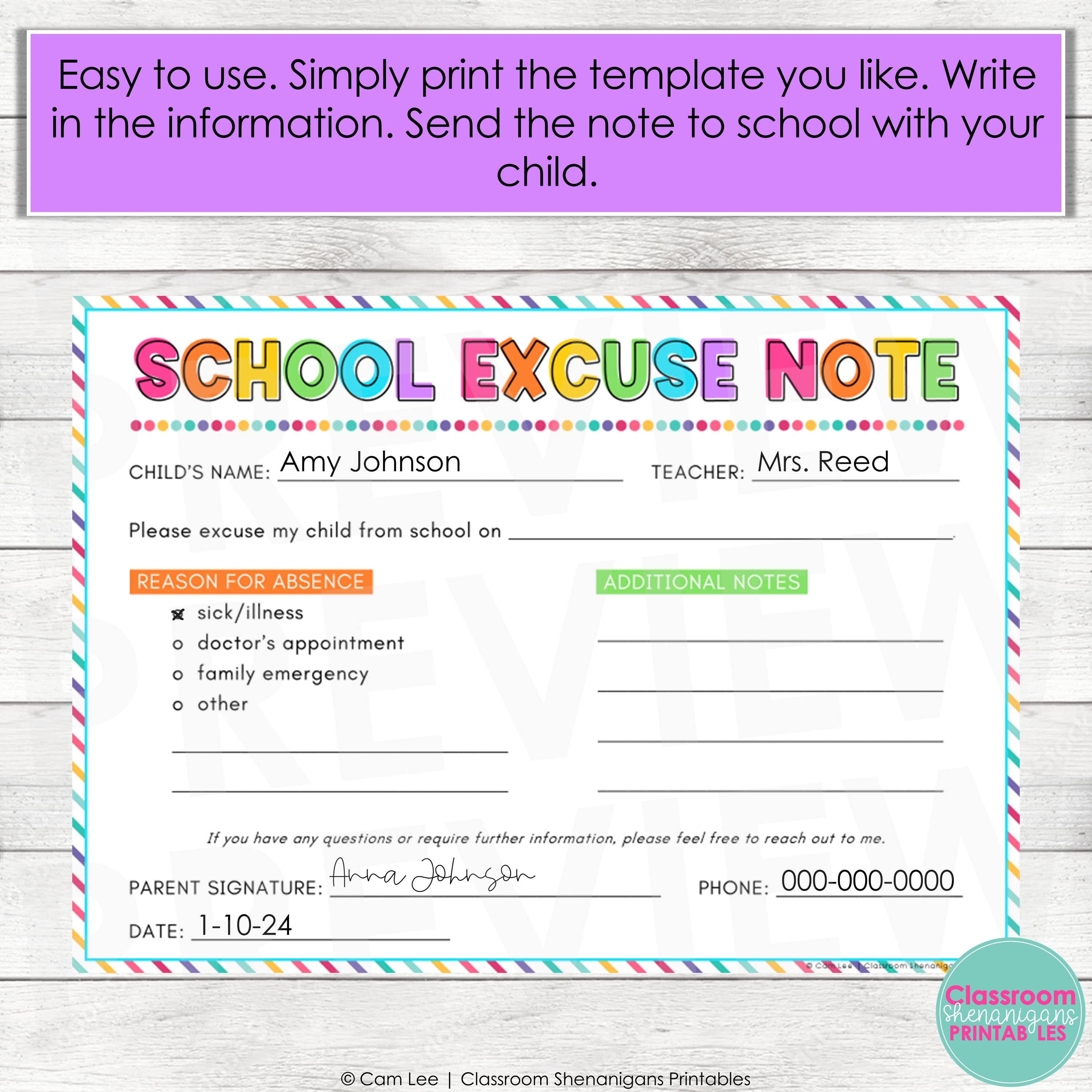 Excuse Note to School Template | School Note From Home | Excuse Note ...