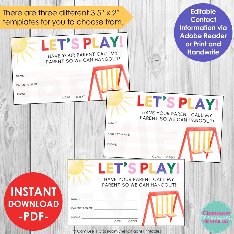 Editable Playdate Contact Cards Template | Kids Contact Card | Summer ...