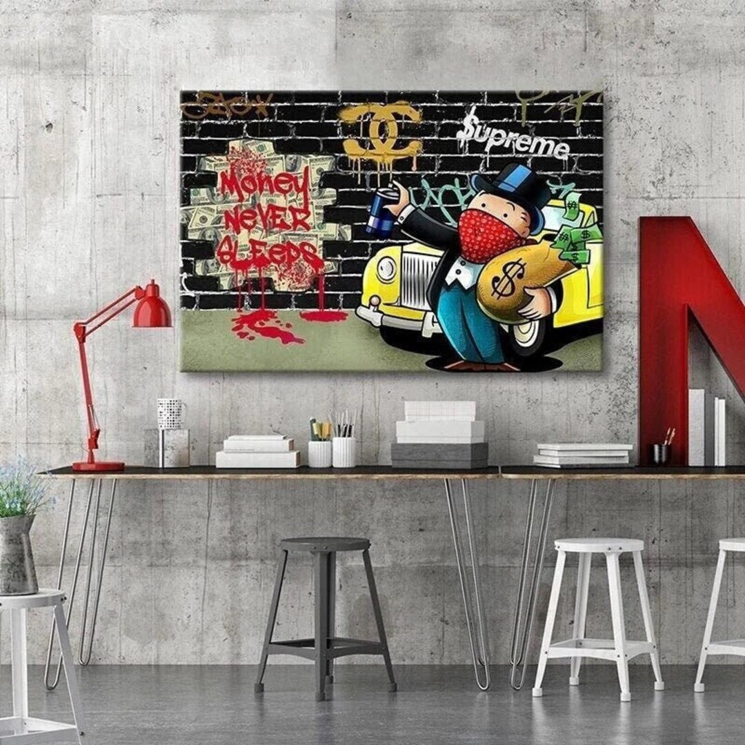 Alec Monopoly Canvas Painting - Money Never Sleeps - Bold Wall Art for ...