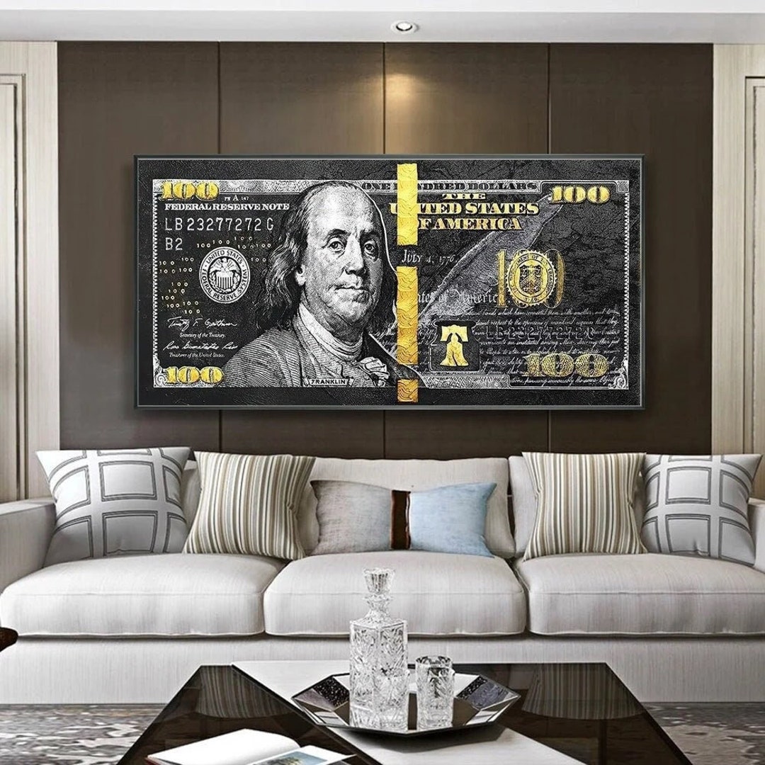 Stunning 100 Dollar Bill Canvas Painting Black and Gold Currency Art ...