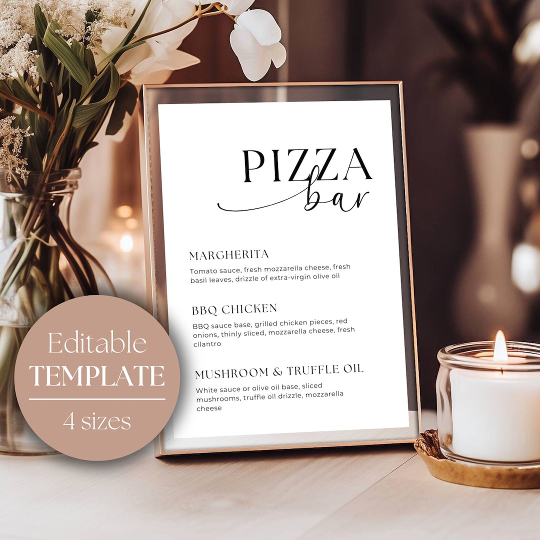 Pizza Menu Sign, Minimalist Wedding Pizza Bar Menu Template, Grazing ...