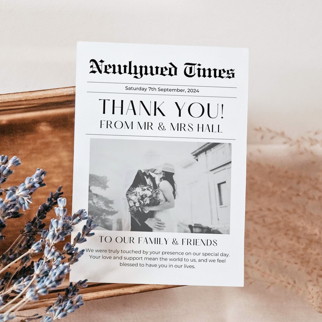 Wedding Newspaper Thank You Card Unique Wedding Thank You Editable ...