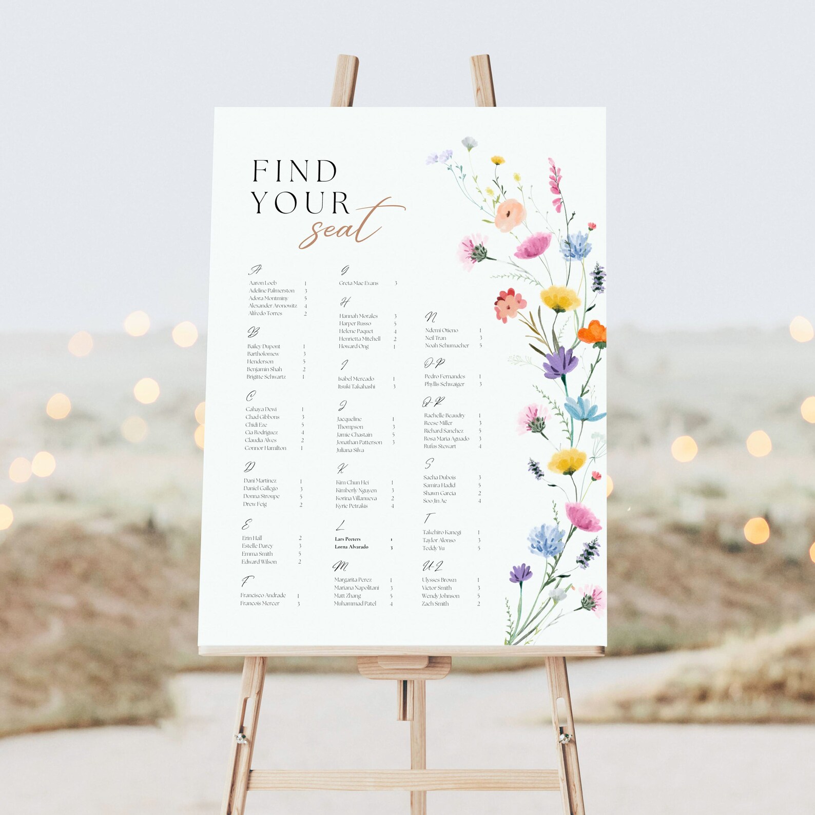 Wedding Seating Chart Template Wildflower Alphabetical Seating Chart ...