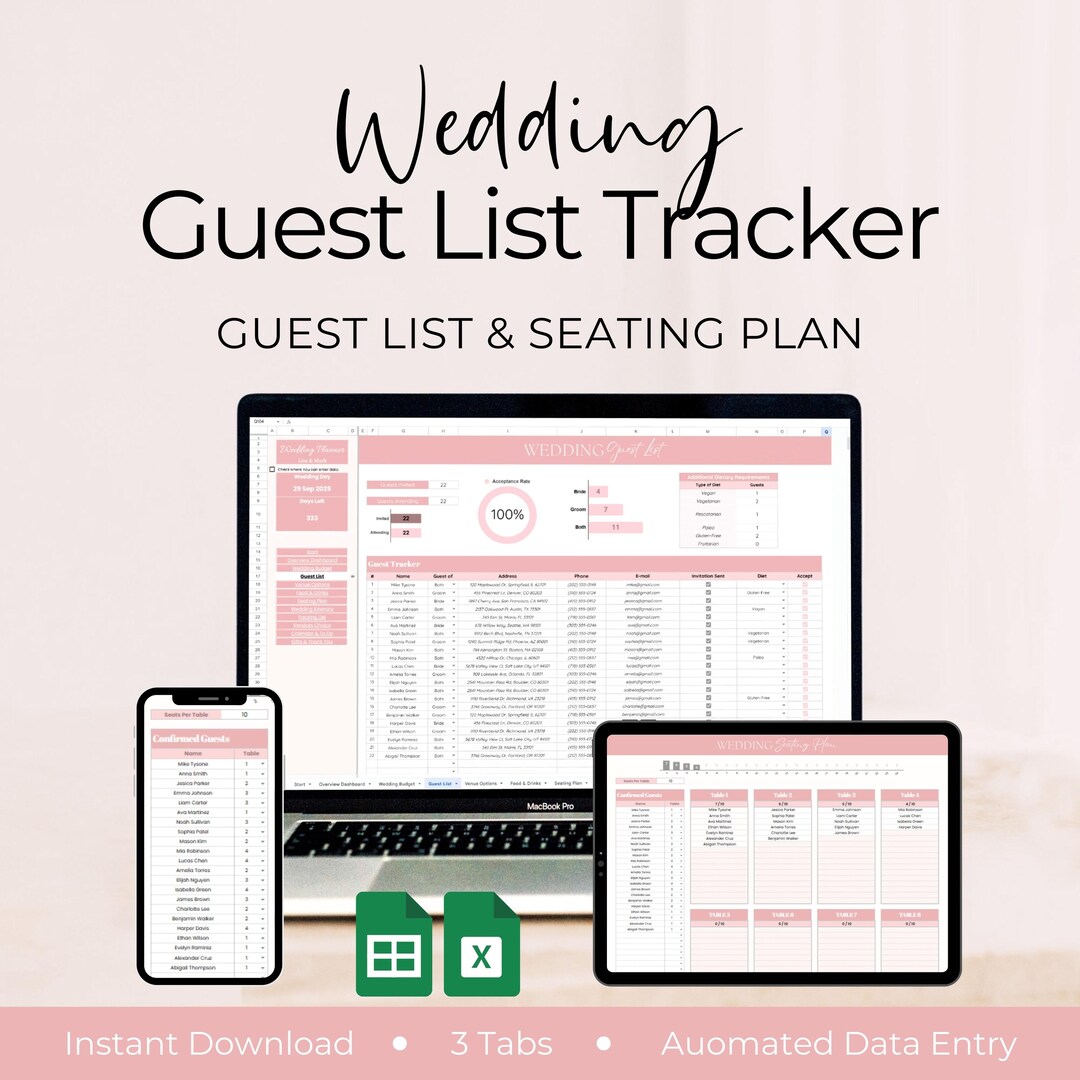 Wedding Guest List Tracker Google Sheets & Excel Spreadsheet, RSVP ...