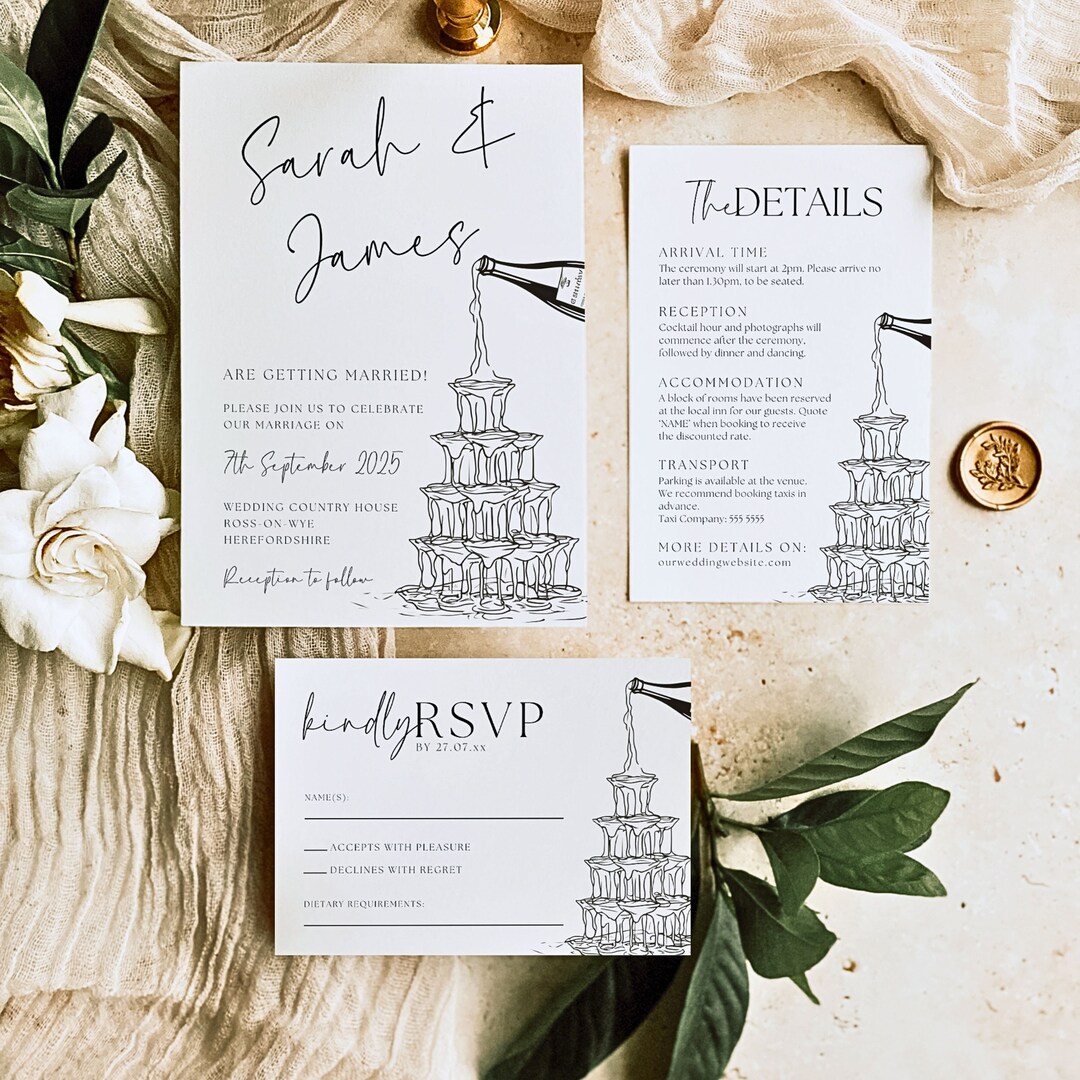 Hand Drawn Wedding Invitation Template, Scribble Illustrated Champagne ...