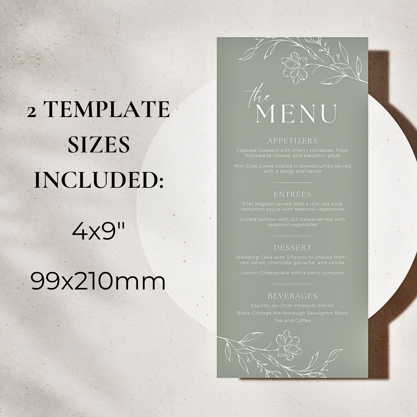 Editable Wedding Menu Printable Template Botanical Menu Template Tall ...